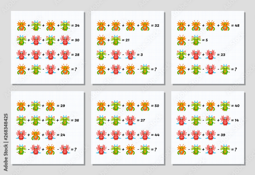 Mathematical Addition Subtraction Puzzle set. System of equations. Math ...