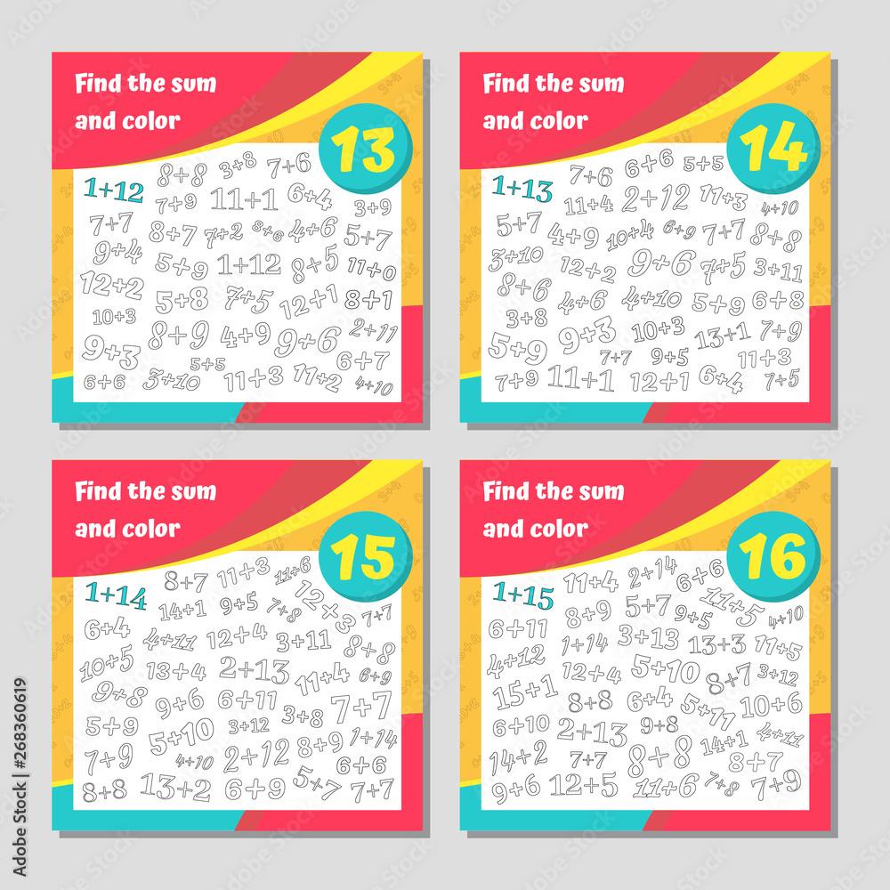 Find the sum and color addition worksheet set. Coloring book page. Math ...