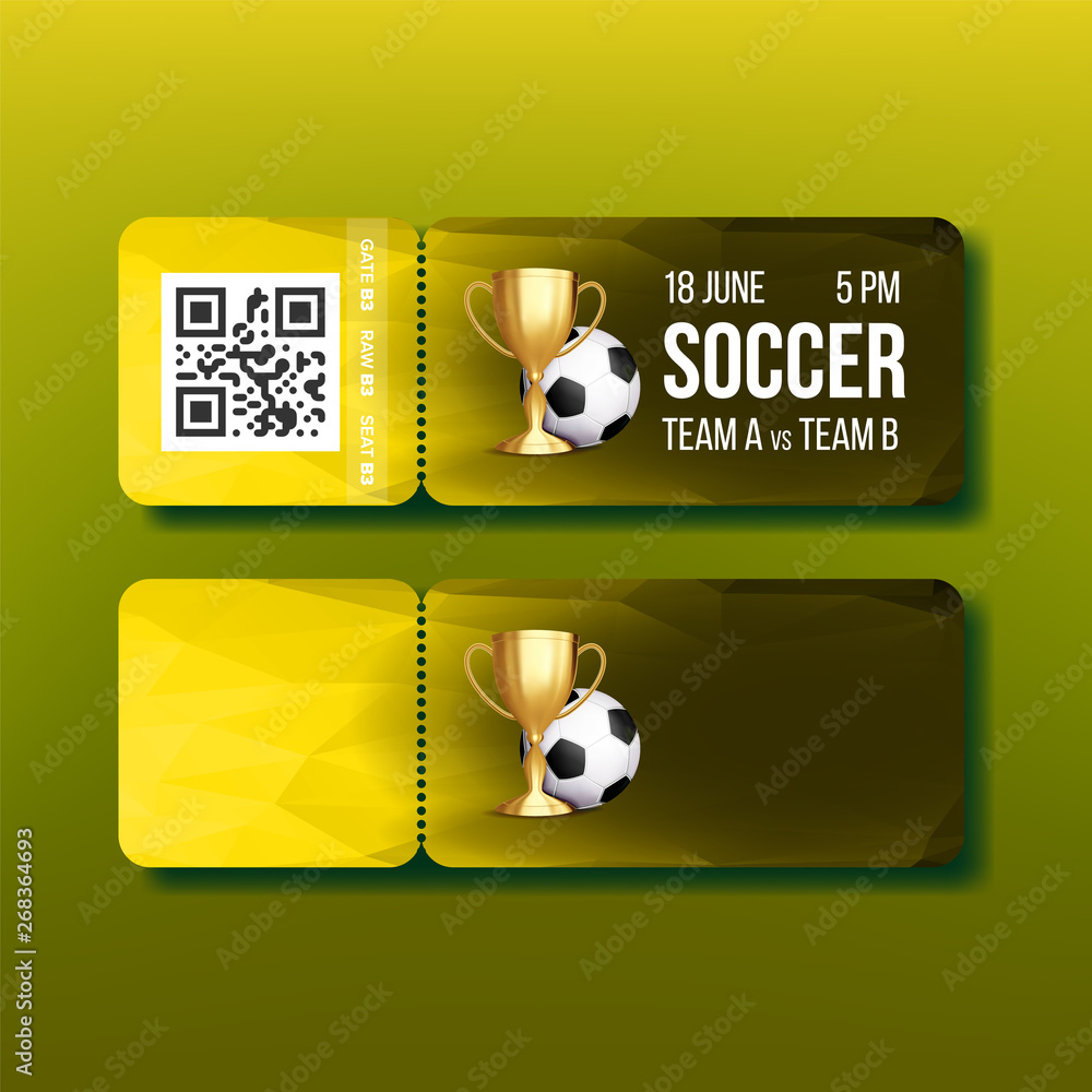 Ticket With Tear-off Coupon On Soccer Match Vector. Football Playing ...