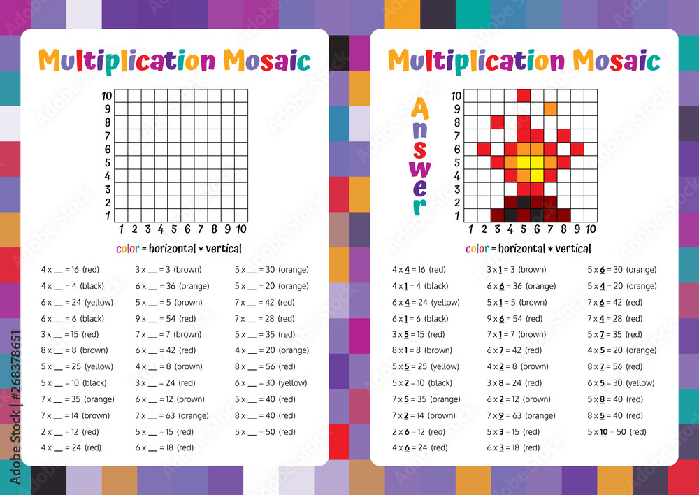Multiplication Mosaic Math Puzzle Worksheet. Educational Game. Coloring ...