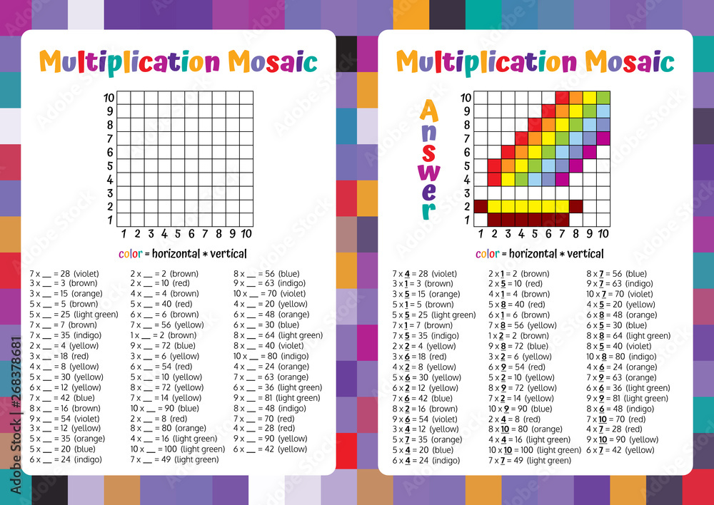 Multiplication Mosaic Math Puzzle Worksheet. Educational Game. Coloring ...