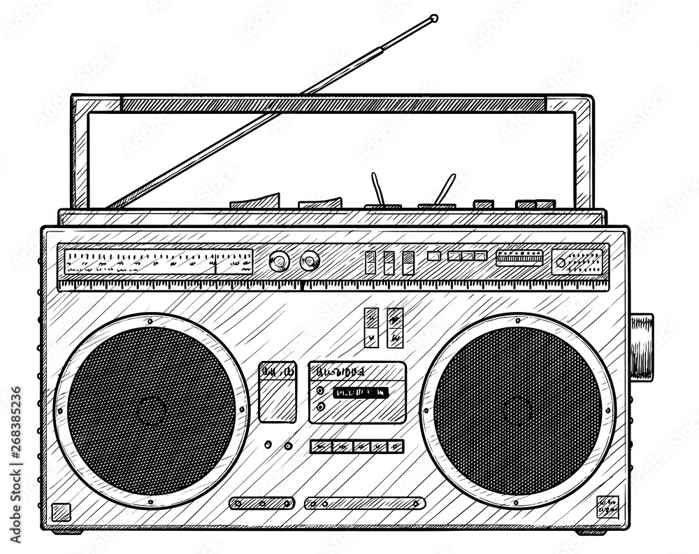 Retro portable radio illustration, drawing, engraving, ink, line art ...