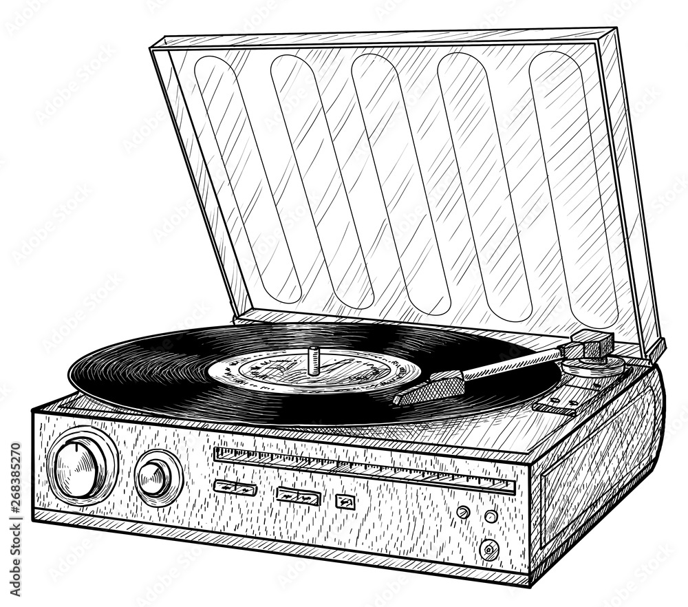 Vinyl player illustration, drawing, engraving, ink, line art, vector ...