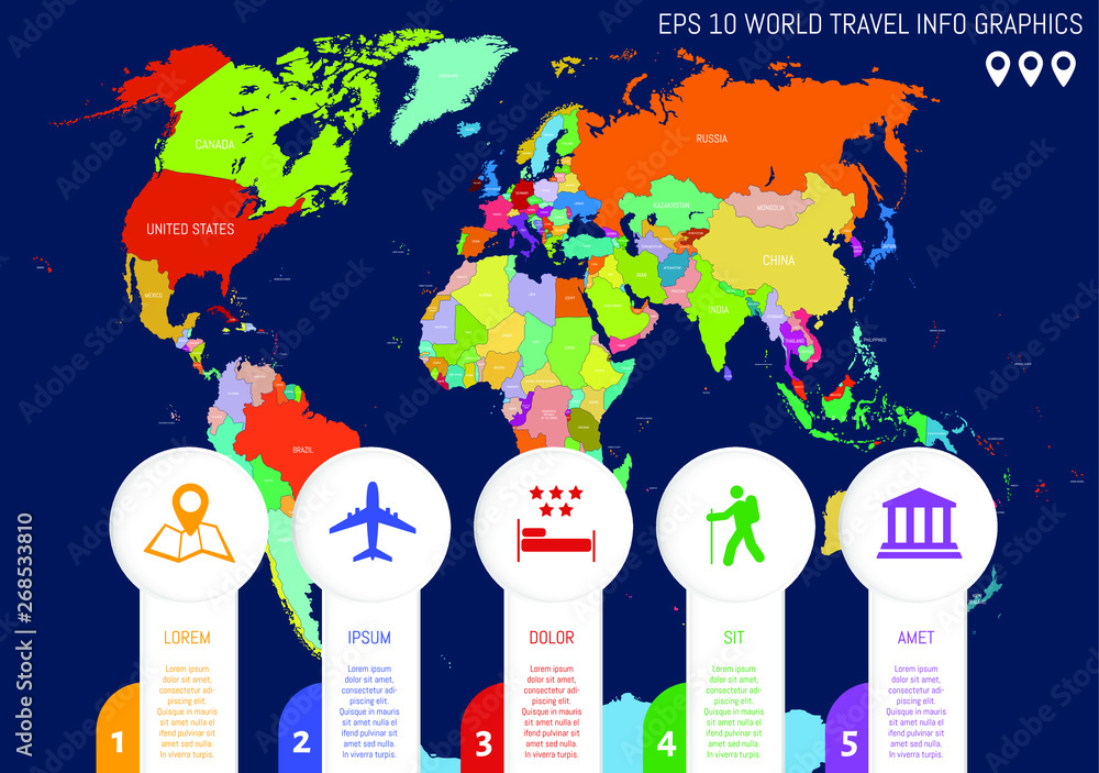 Flat world map. Country names. Divided into editable contours of ...