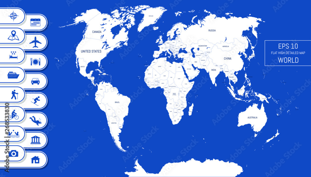 Stockvektorbilden Flat world map. Country names. Divided into editable ...