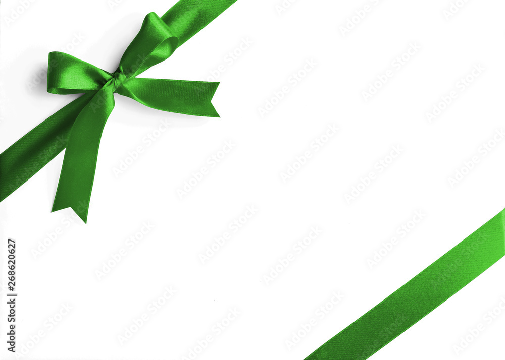Jade green satin ribbon corner stripe fabric bow corner isolated on ...
