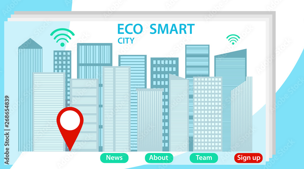 Web city smart eco system for engineers. Landing page with downtown buildings and streets, map ...
