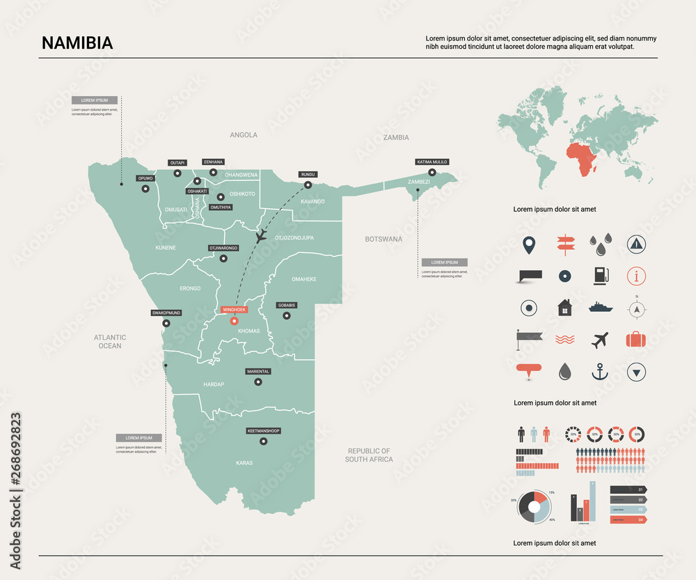 Vector map of Namibia. Country map with division, cities and capital ...