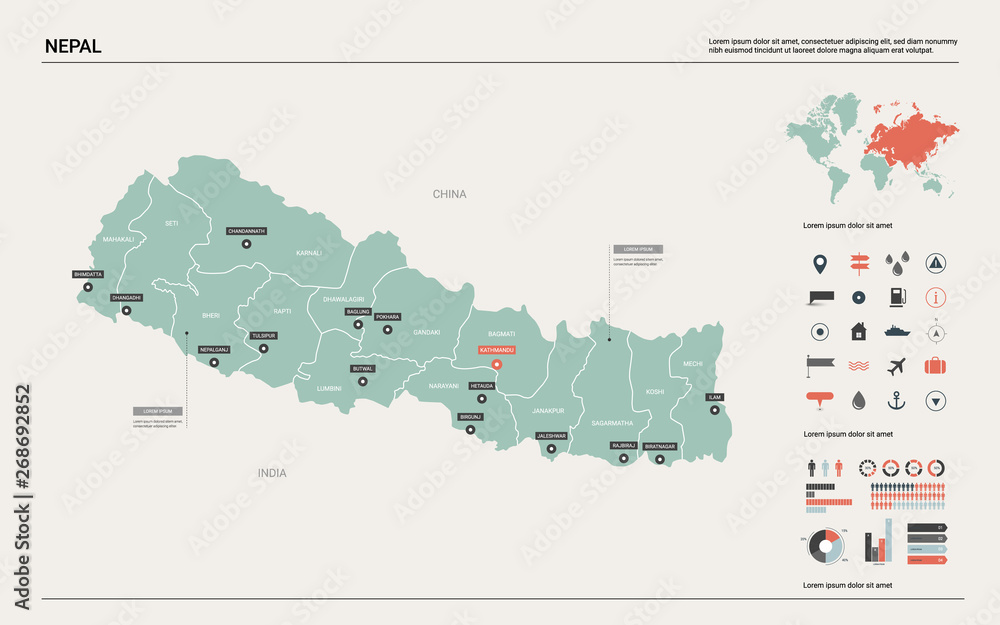 Vector map of Nepal. Country map with division, cities and capital ...