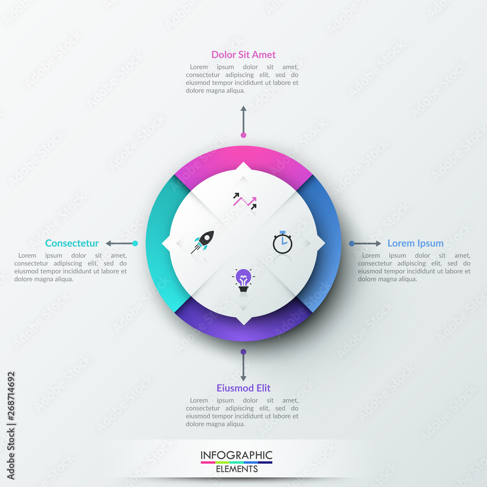 Round diagram divided into 4 sectors with thin line pictograms and ...