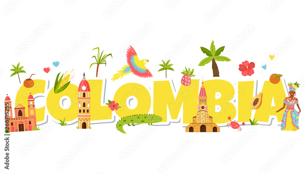 Big letters Colombia with symbols and attractions Stock Vector | Adobe ...