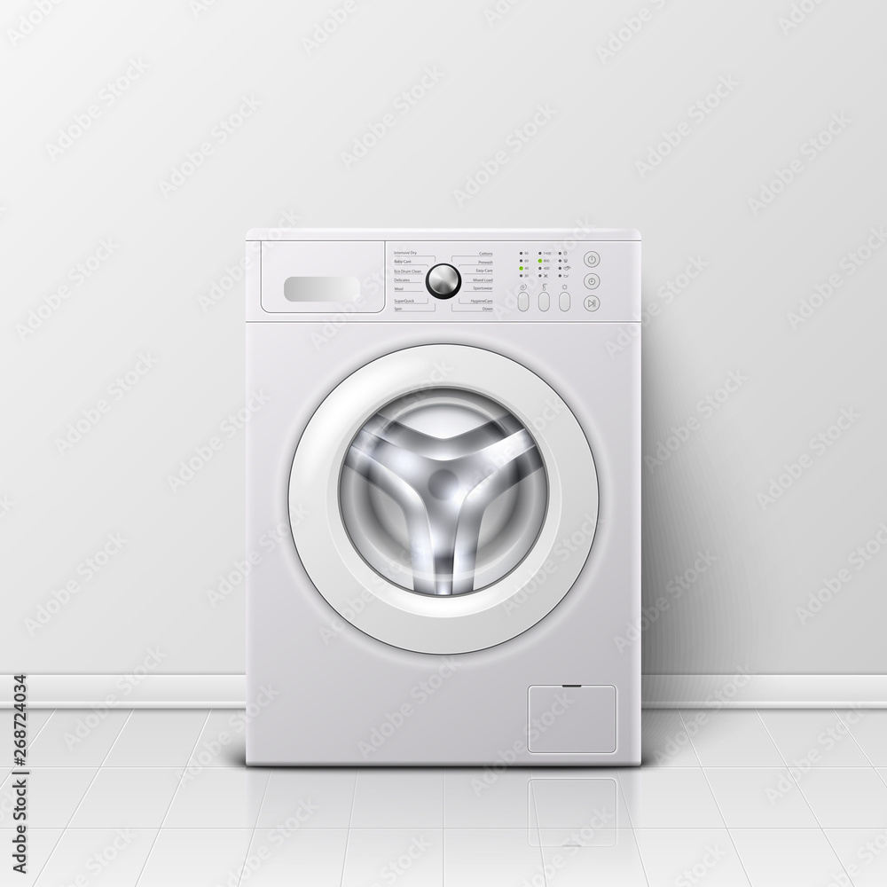 Vector Background with 3d Realistic Modern White Steel Washing Machine ...
