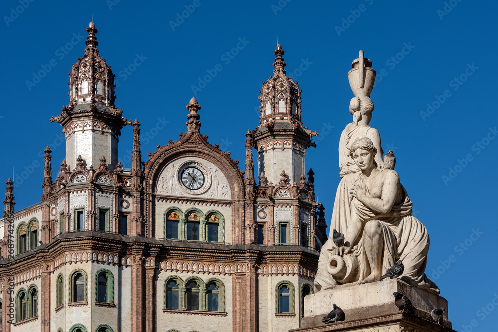 Hungary, Budapest, Ferenciek tere: Front facade of famous Brudern house ...