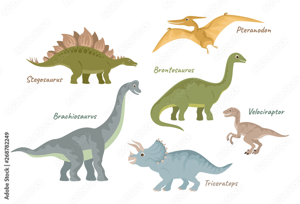 Collection of cute flat dinosaurs. Jurassic period creatures. Vector ...