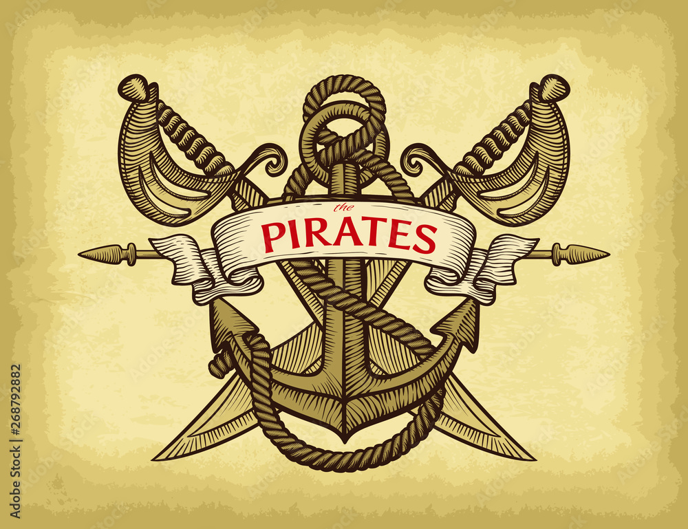 Pirates emblem concept. Abstract hand drawn anchor, sabre, ship wheel ...