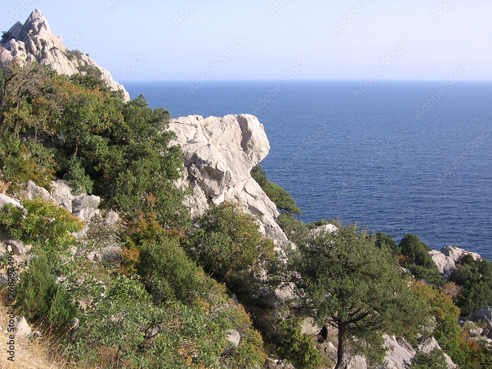 Mountain panoramic landscape with a high cliff on the horizon ocean sea ...