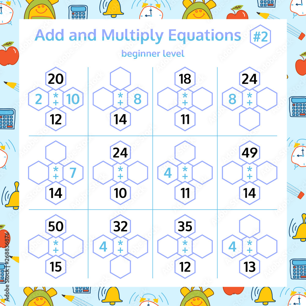 Addition and Multiplication Math Puzzle Set. Mathematical educational ...
