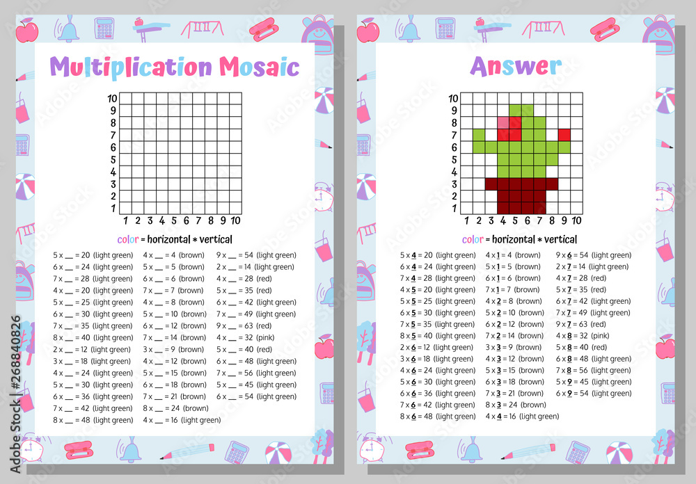 Multiplication Mosaic Math Puzzle Worksheet. Educational Game. Coloring ...