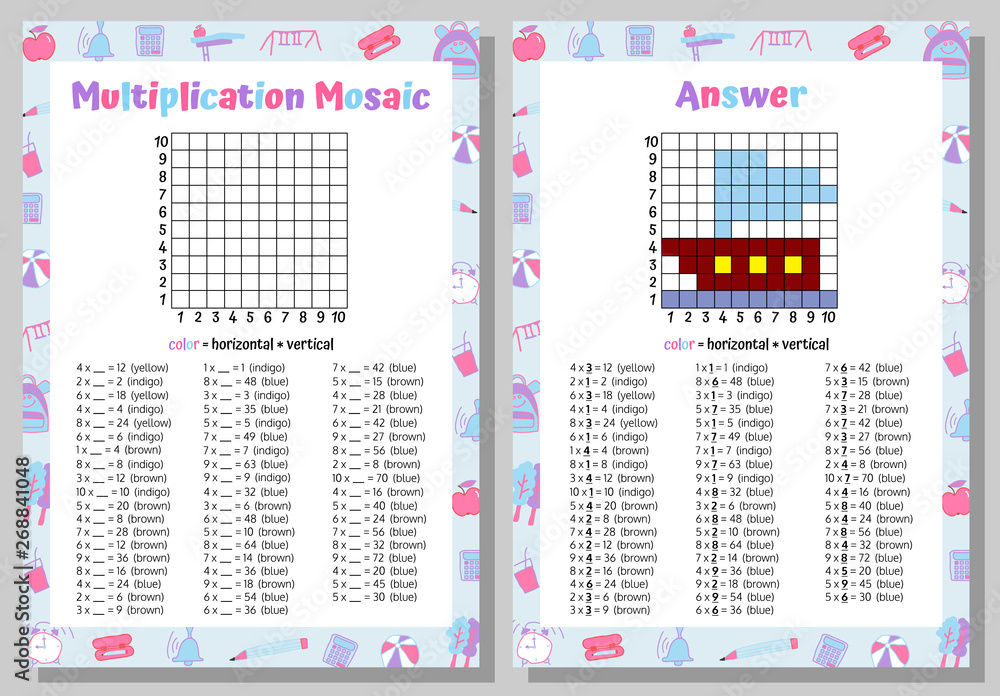 Multiplication Mosaic Math Puzzle Worksheet. Educational Game. Coloring ...