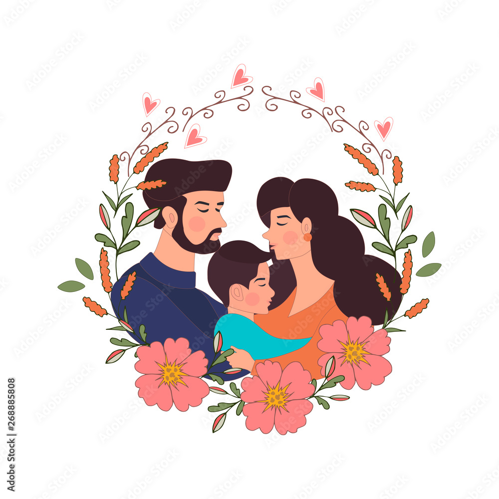 Father and mother and their son hugging. Mother's day card about mother ...