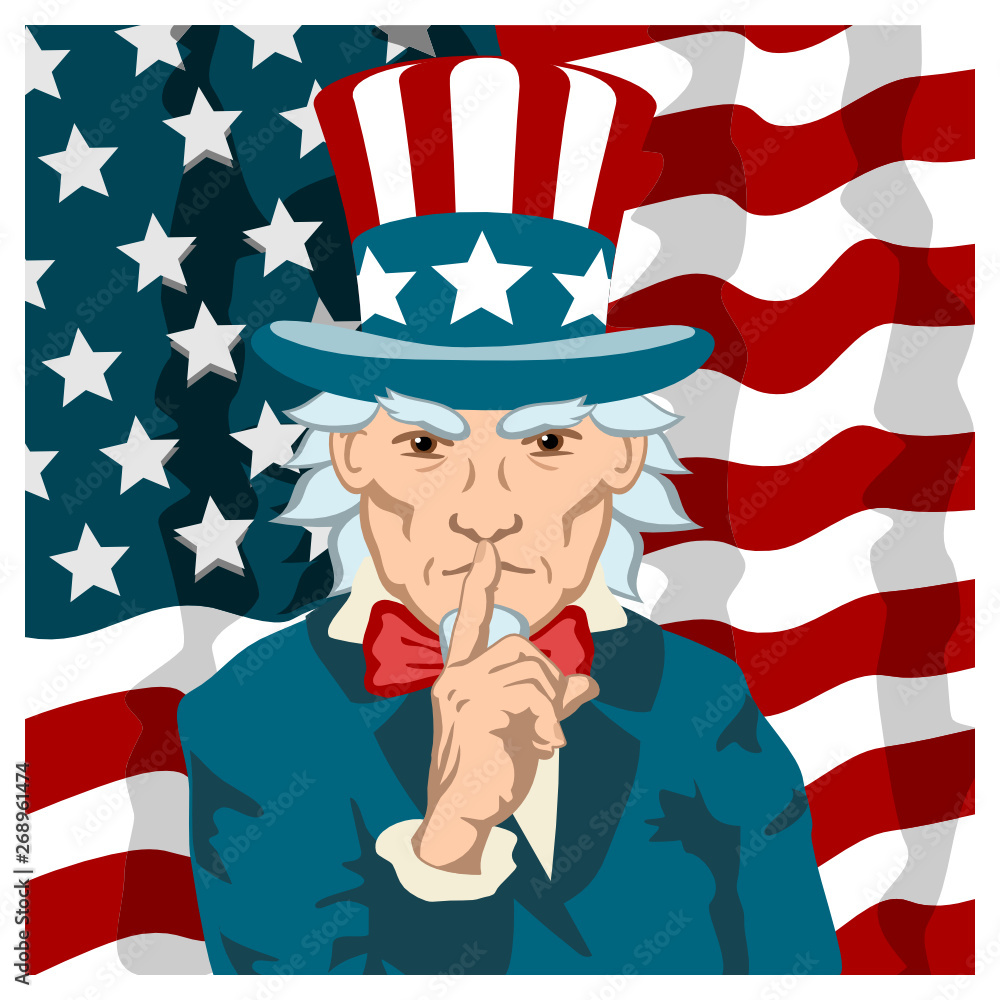 Angry uncle Sam keeps his finger in his mouth in a gesture of silence ...
