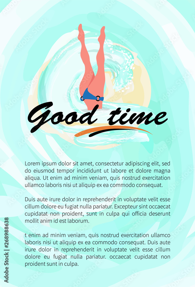 Good time, woman diving legs up, diver in bikini suit poster leaflet ...