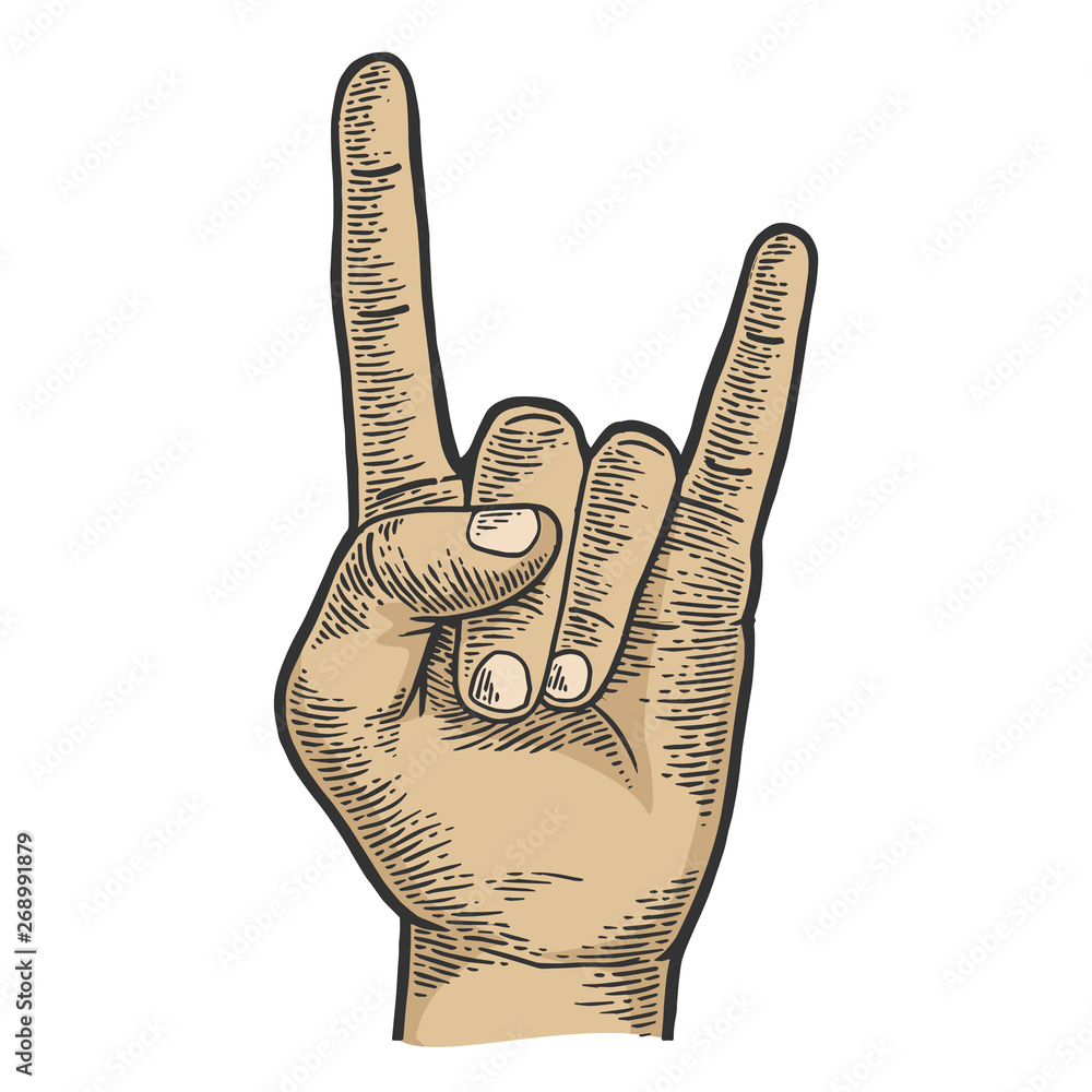 Sign of horns rock heavy metal hand gesture color sketch line art ...