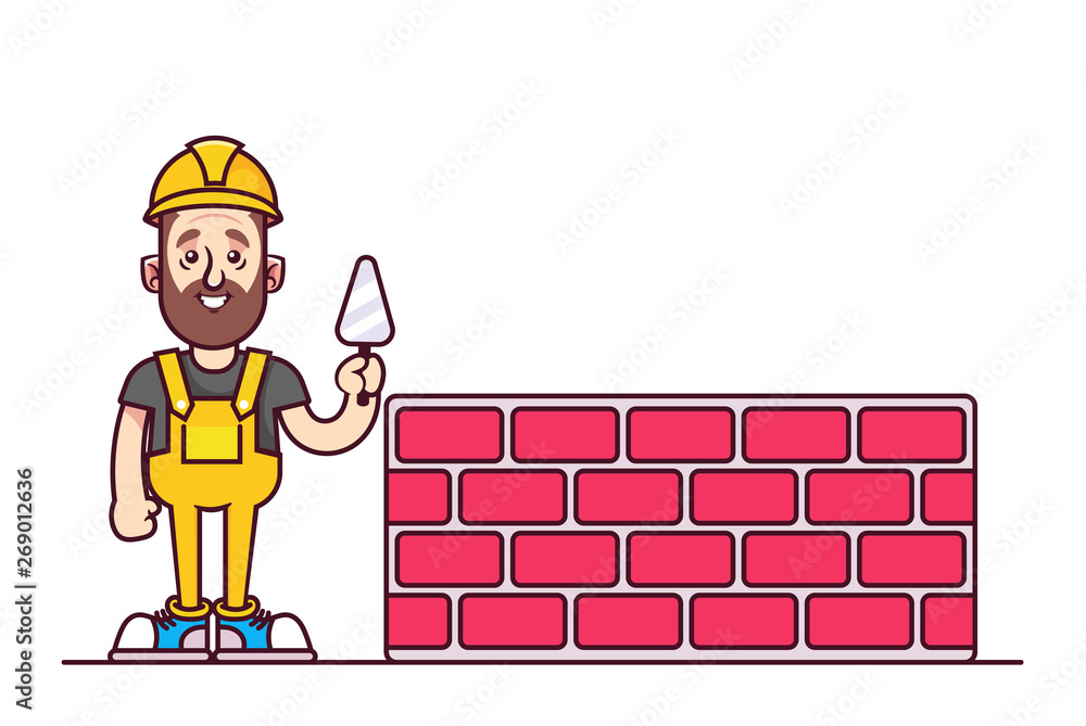 Cartoon Doodle Character. Worker Building the Wall. Vector Illustration ...