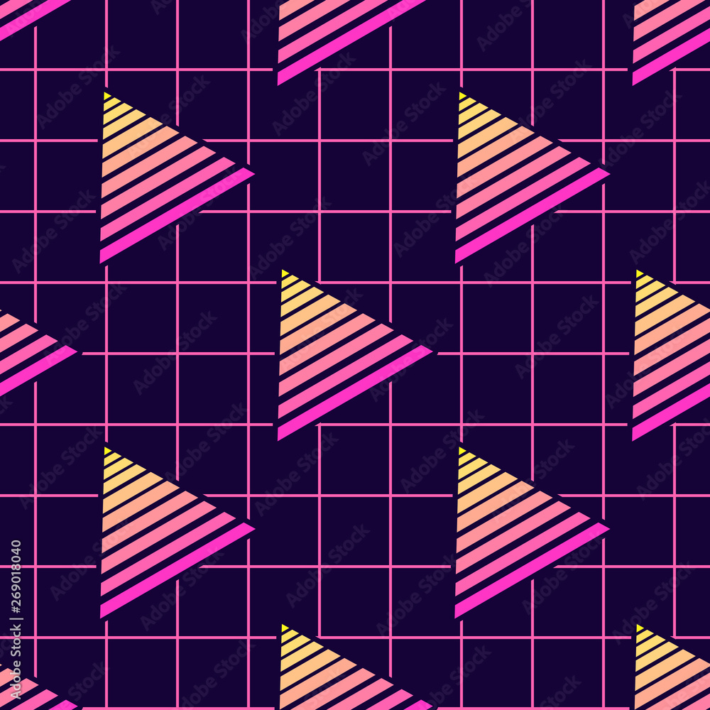 80s style seamless pattern with pyramids. Vaporwave, retrowave ...