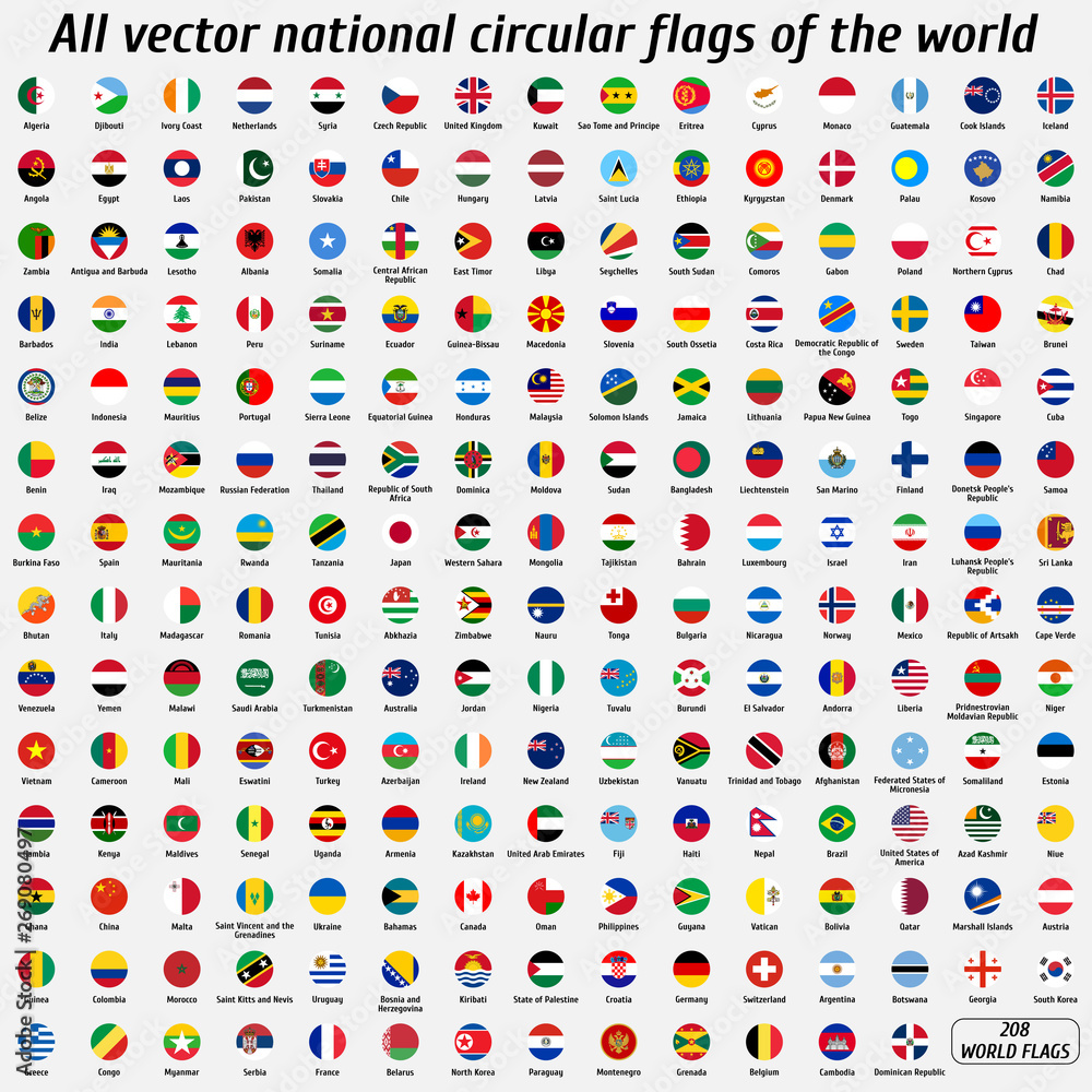 Vector collection of 208 national circular flags with detailed emblems ...