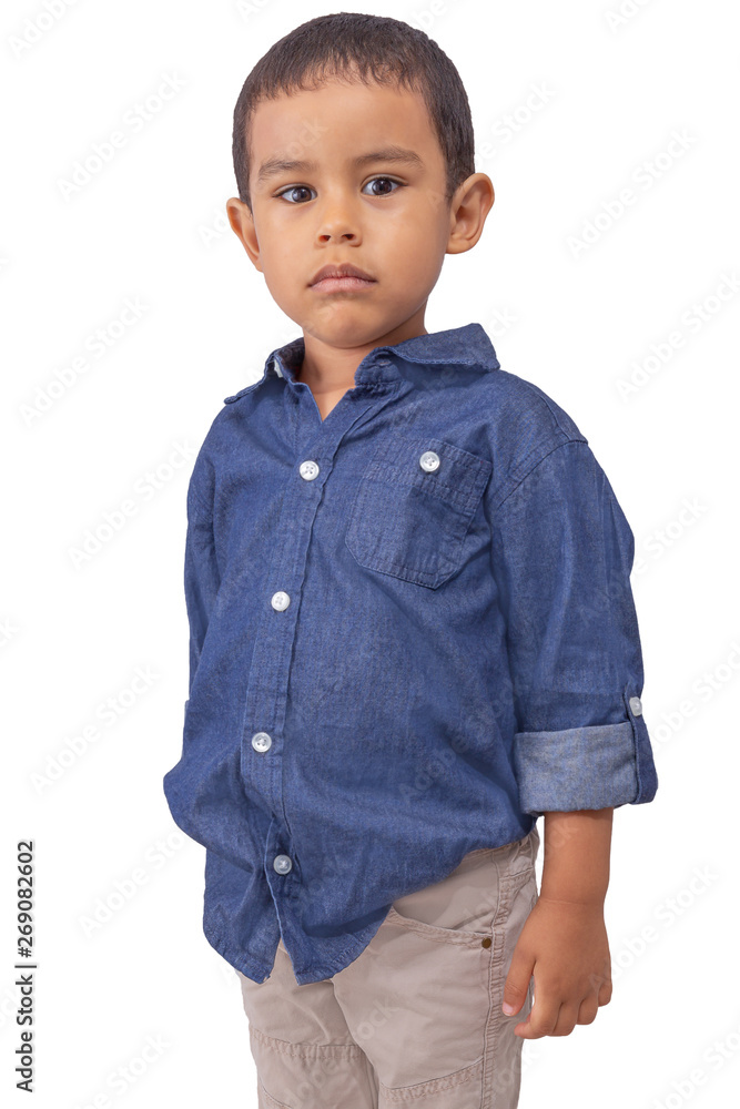 The mad mixed-race boy looks very intensely at the camera. The upset ...