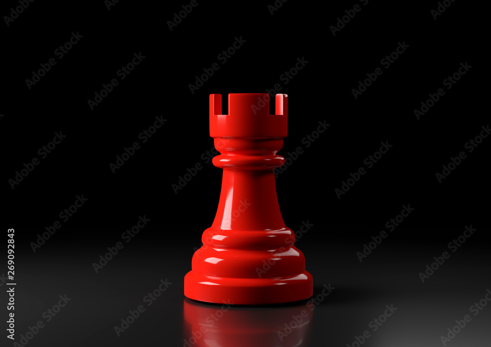 Red rook chess, standing against black background. Chess game figurine ...