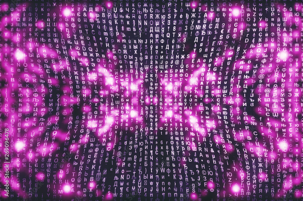 Pink matrix digital background. Abstract cyberspace concept. Characters ...