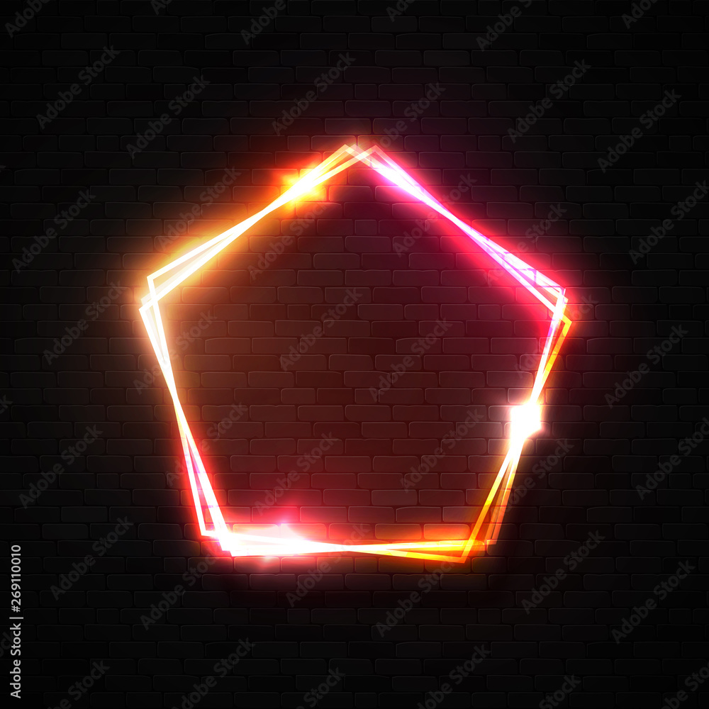 3d neon sign. Electric pentagon frame on black brick wall background ...