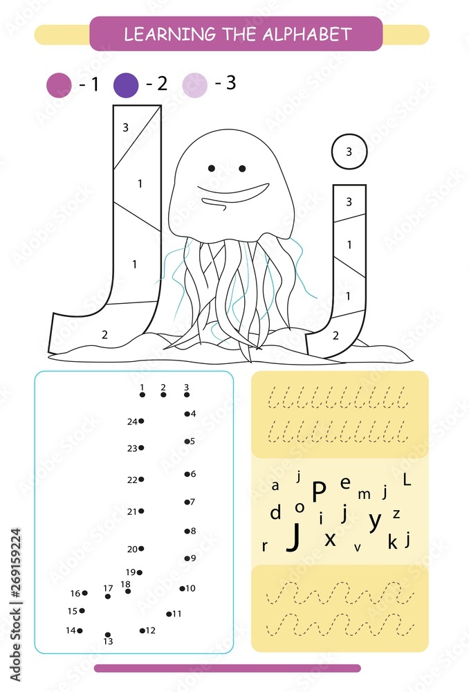 Letter J and funny cartoon jellyfish. Animals alphabet a-z. Coloring ...