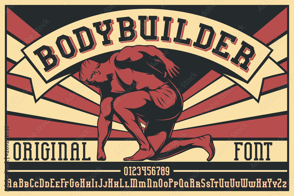 Vintage label font named Bodybuilder. Letters and numbers set. Label ...