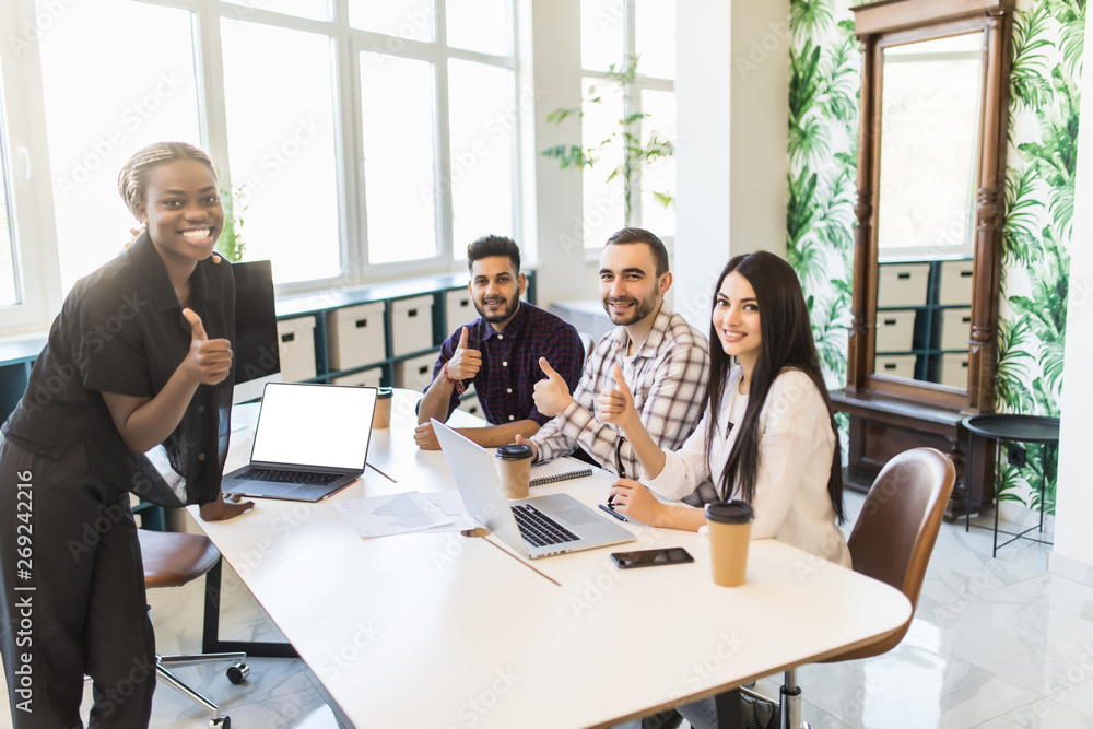Black Female Boss Leading Corporate Multiracial Team Meeting Talking To