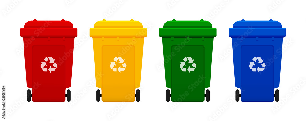เวกเตอร์ Stock bin plastic, four colorful recycle bins isolated on white background, red, yellow ...
