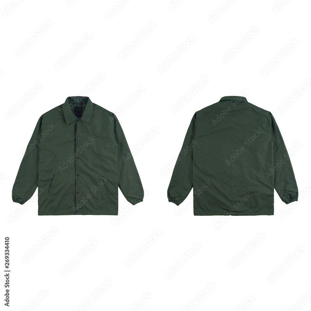 Blank plain windbreaker jacket green color front and back side view ...