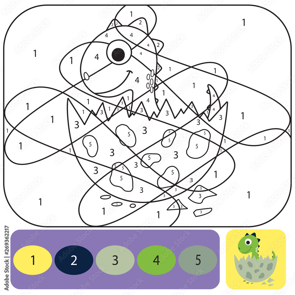 Cute dino coloring page for kids. Coloring puzzle with numbers of color ...
