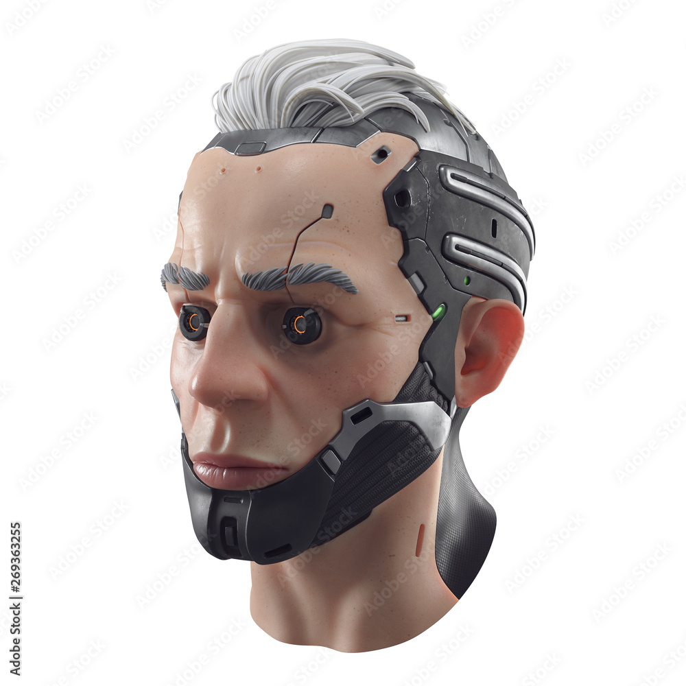 Head with cybernetic implants. Male cyborg face with gray hair. Head of ...