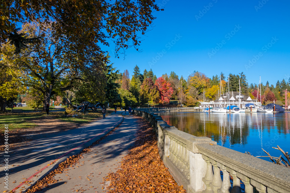 Stanley Park and seawall in Vancouver, Canada. It is largest urban park ...