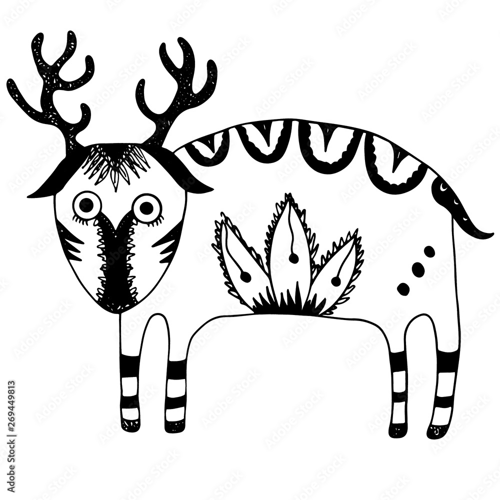 Mystical cute little deer. Mysterious forest hand-drawn line art Stock ...