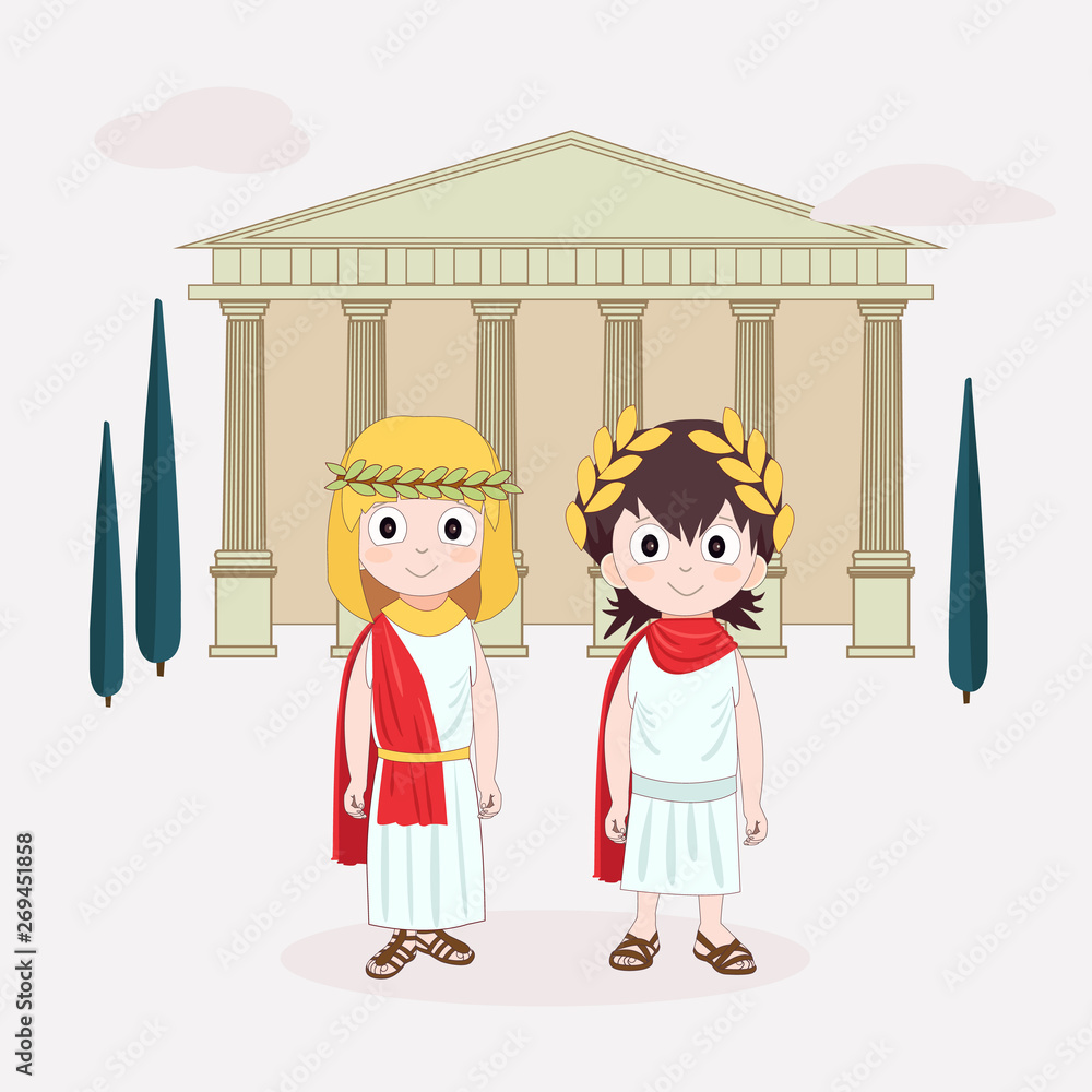Cartoon character Girl and boy wearing ancient costume. Ancient Rome ...