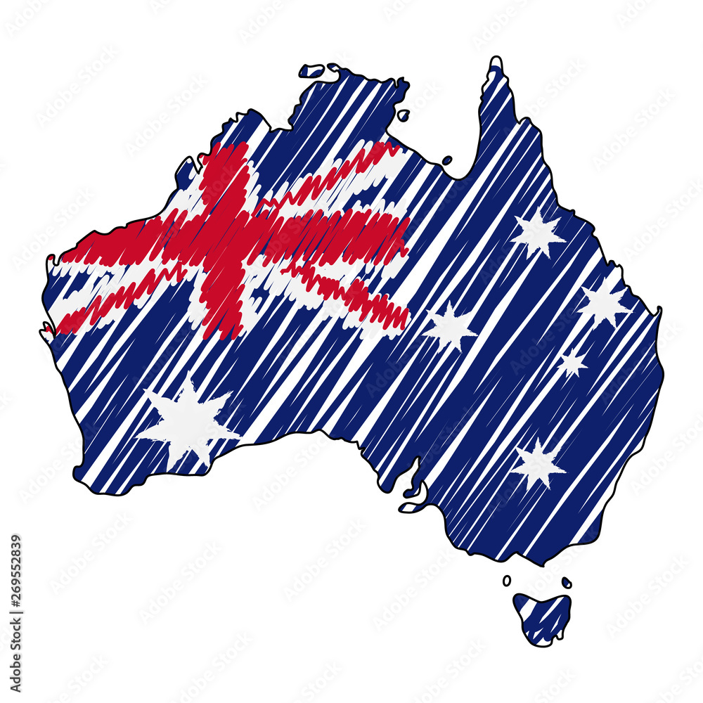 Australia map hand drawn sketch. Vector concept illustration flag, childrens drawing, scribble ...