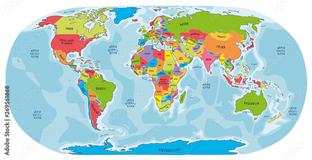 World map hand drawn illustration with English labels. Colorful cartoon ...