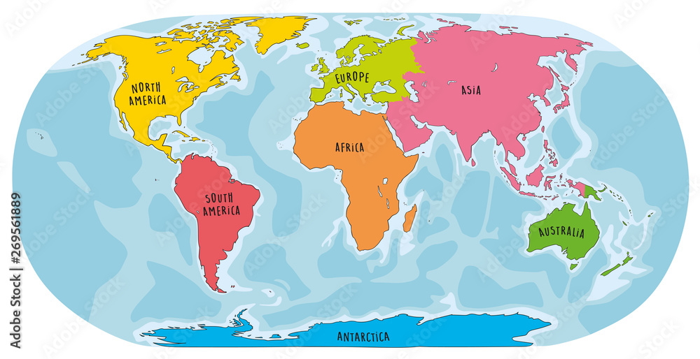 World map hand drawn illustration with English labels. Colorful cartoon ...