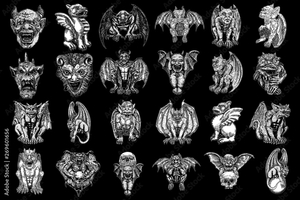Set of mythological ancient creatures animals with bat like wings and ...