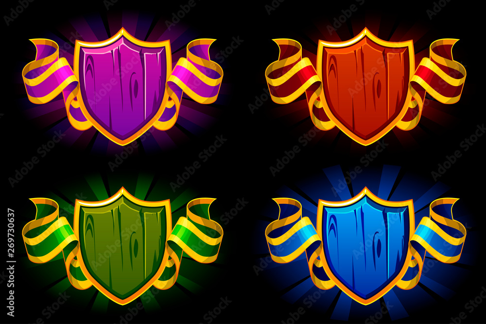 Empty shield with ribbon in colors. Vector awards for UI game resources ...