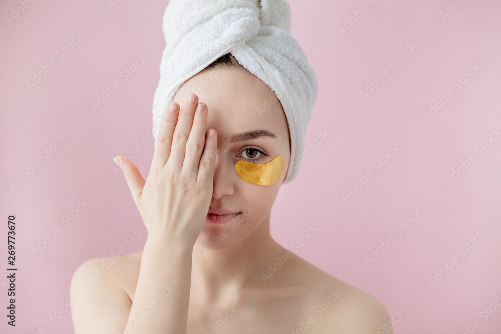 Portrait of Beauty Woman with Eye Patches on pink background. Woman ...